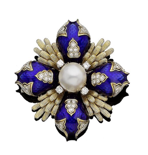 Bonhams : A blue enamel, mabé pearl and diamond cross brooch