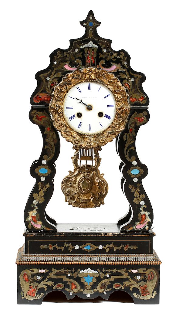 Bonhams : A 19th century French inlaid and ebonised portico clock Laine ...