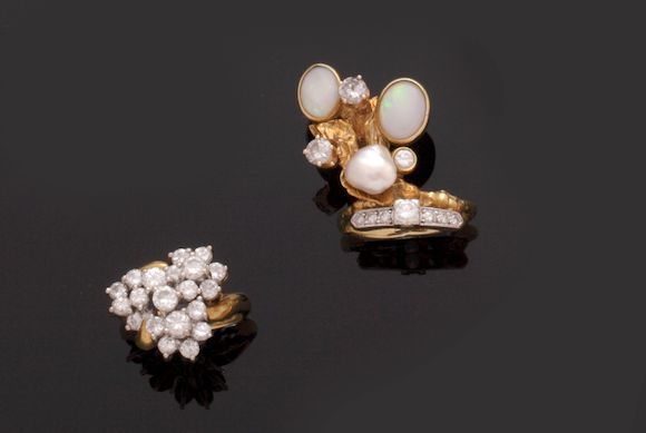Bonhams : A diamond cluster ring and a vari gem-set dress ring (2)