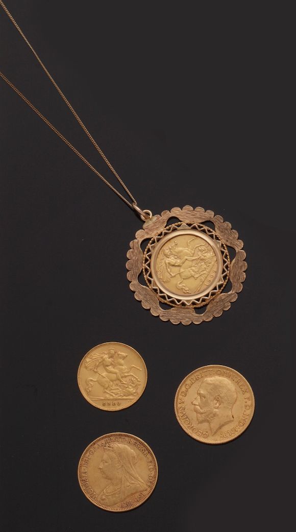 Bonhams : Two sovereigns, a half sovereign mounted pendant on chain and ...