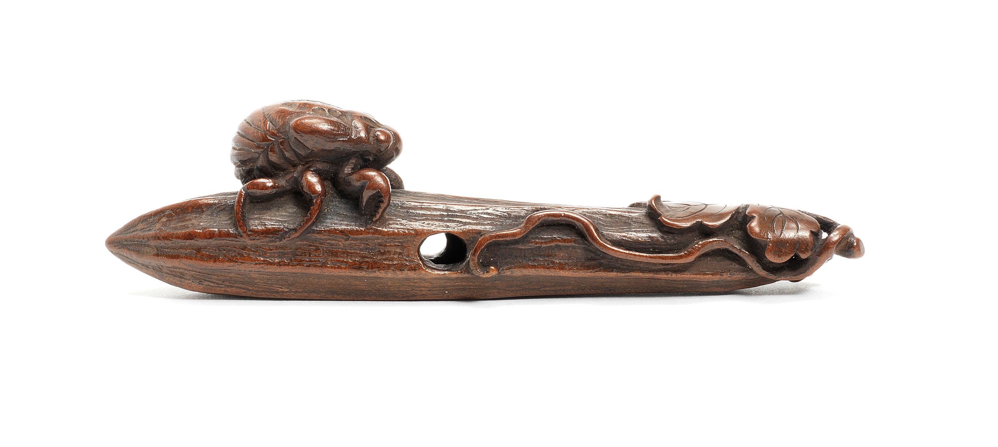 Bonhams : A rare wood netsuke of a cicada pupa case on a gourd Tsu ...