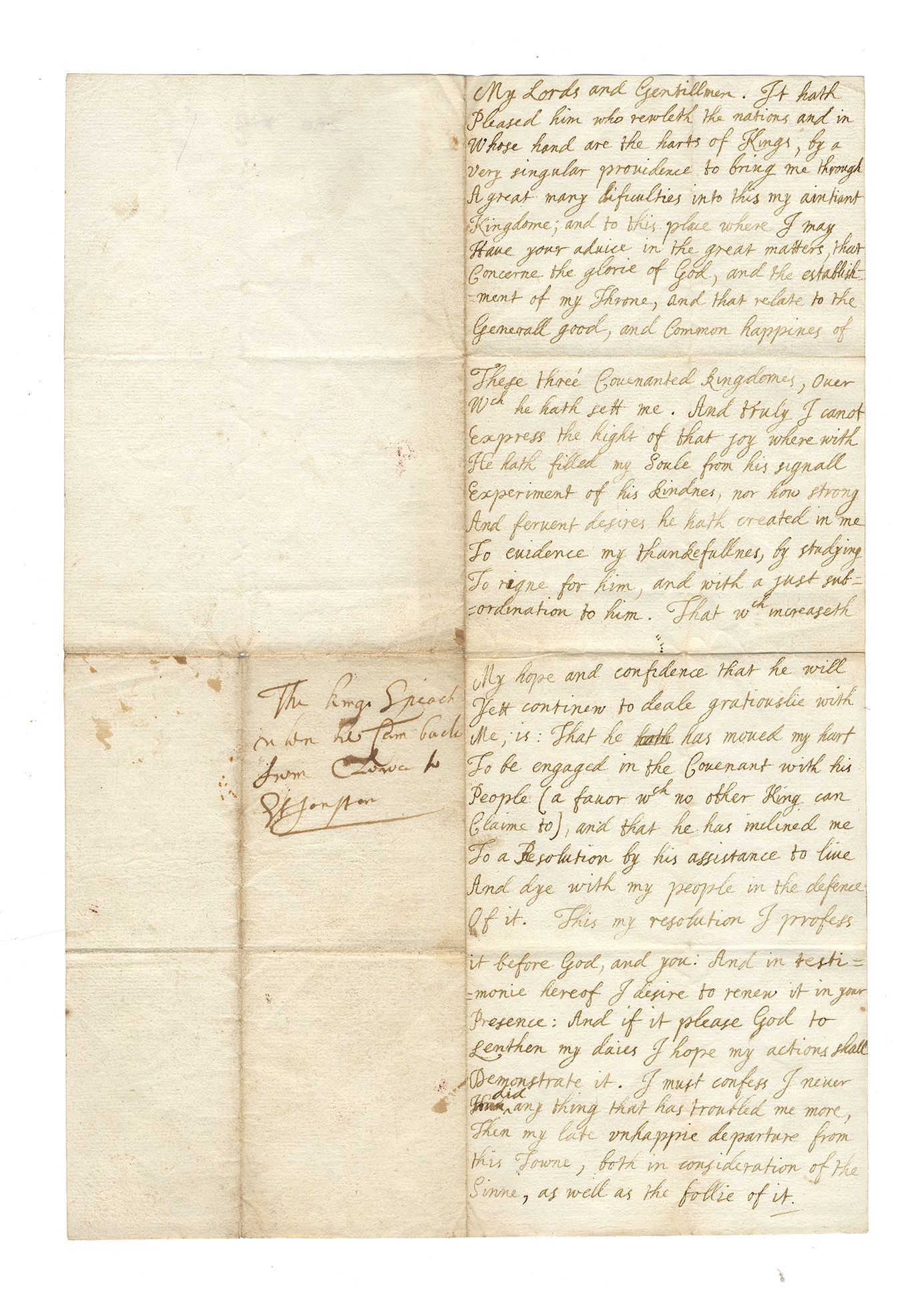 Bonhams : CHARLES II Autograph manuscript of his speech to the ...