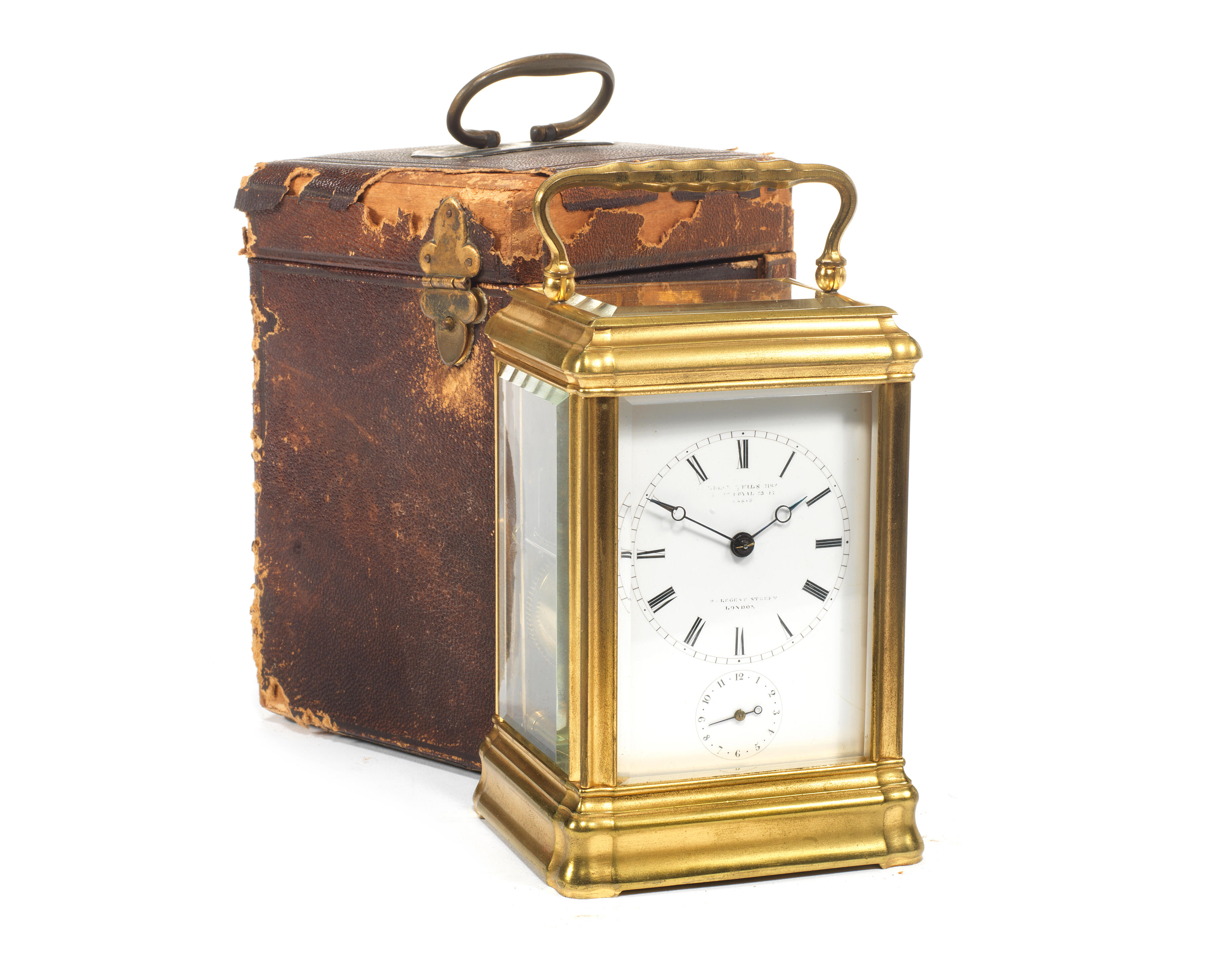 Bonhams : A late 19th century French gilt brass carriage clock with alarm together with original ...