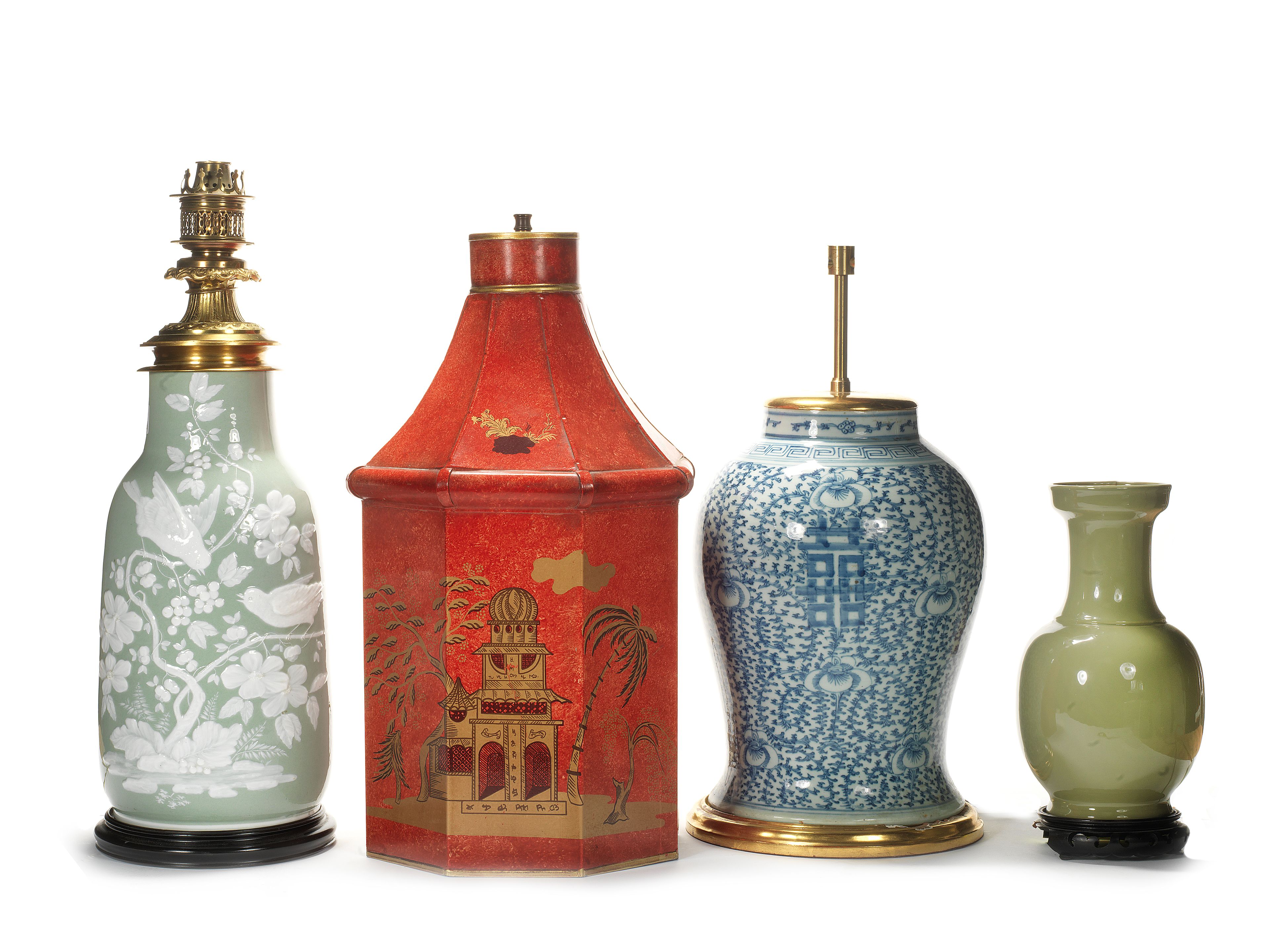 Bonhams : Three Chinese ceramic lamp bases and a painted tole lamp base (4)