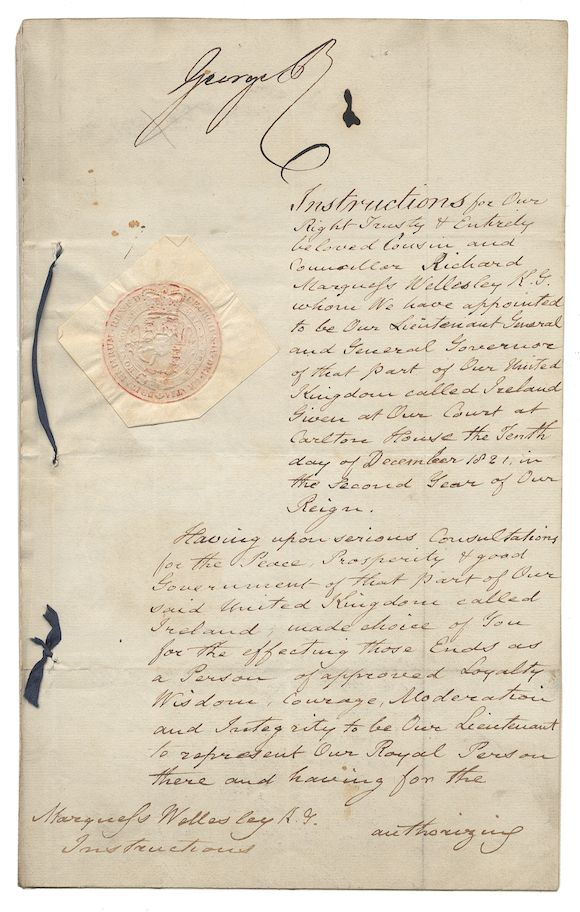 Bonhams : GEORGE IV AND IRELAND Document signed twice (George R at head ...