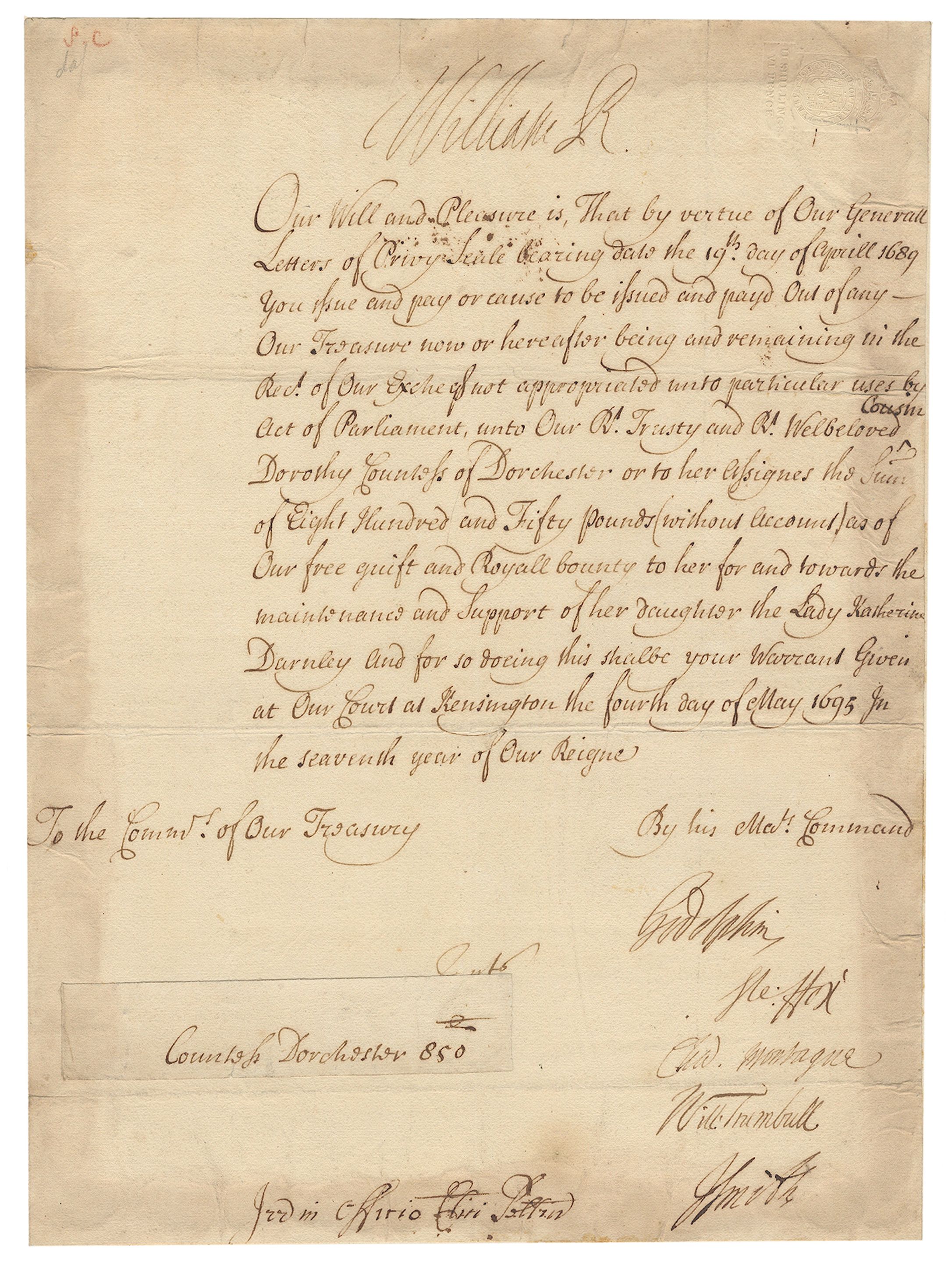 Bonhams : WILLIAM III Warrant signed (William R at head) and counter ...