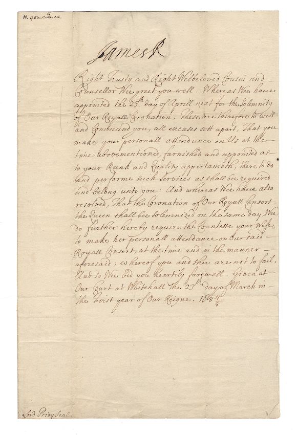Bonhams : JAMES II Summons signed ("James R" at head"), to Henry Earl ...