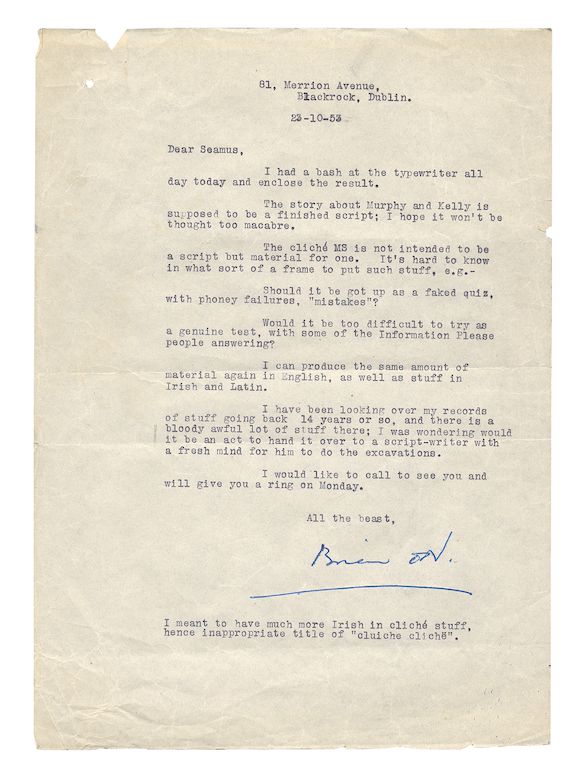 Bonhams : O'BRIEN (FLANN, pseud. of BRIAN O'NOLAN) Typed letter signed ...