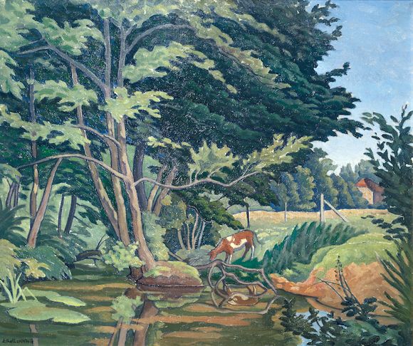 Bonhams : Ethelbert White (British, 1891-1972) Country landscape with cow