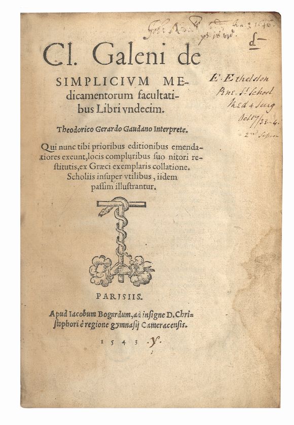 Bonhams : GALEN De simplicium medicamentorum facultatibus libri undecim ...
