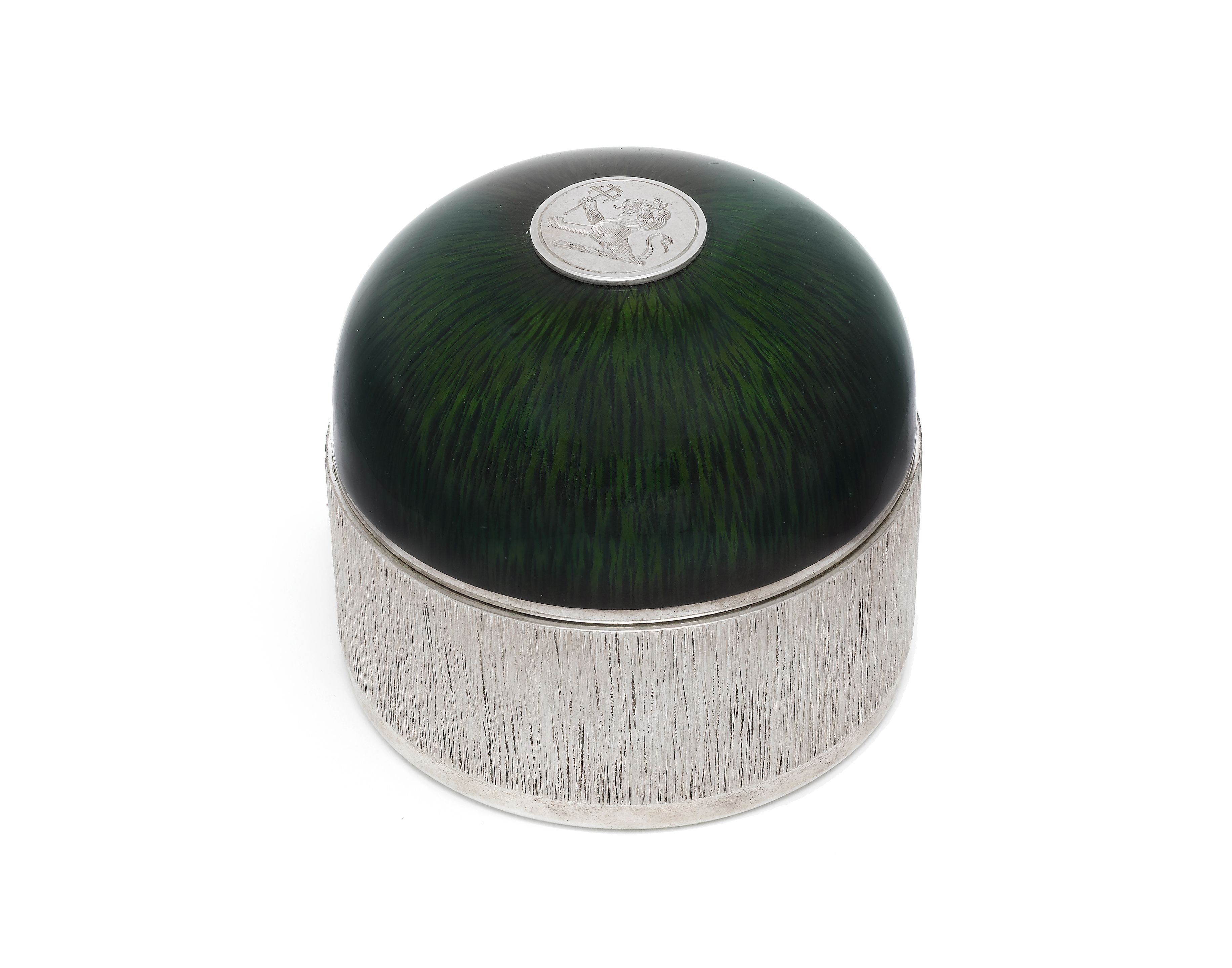 Bonhams : GERALD BENNEY A silver circular box with enamelled dome cover ...