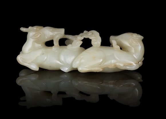 Bonhams : A pale green jade recumbent 'stag and doe' brushrest 17th ...