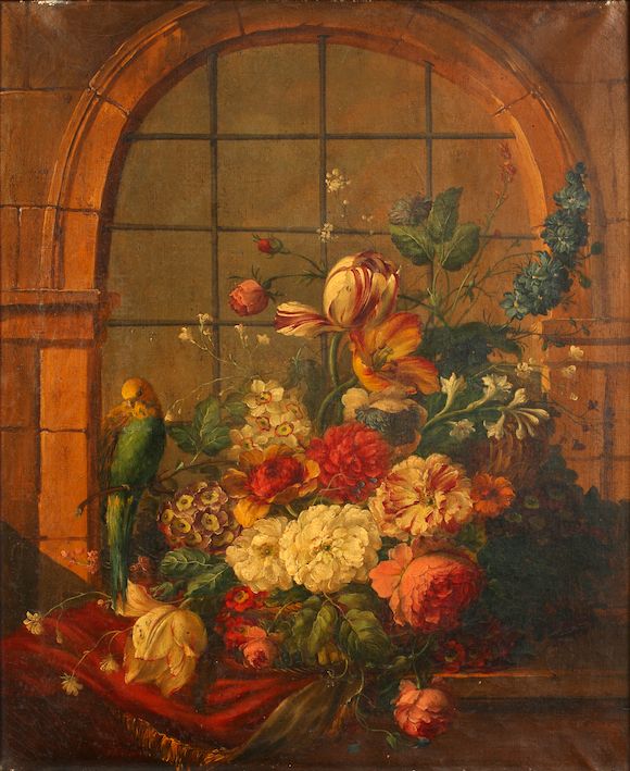 Bonhams : Continental School, late 19th Century Flowers with parrot by ...