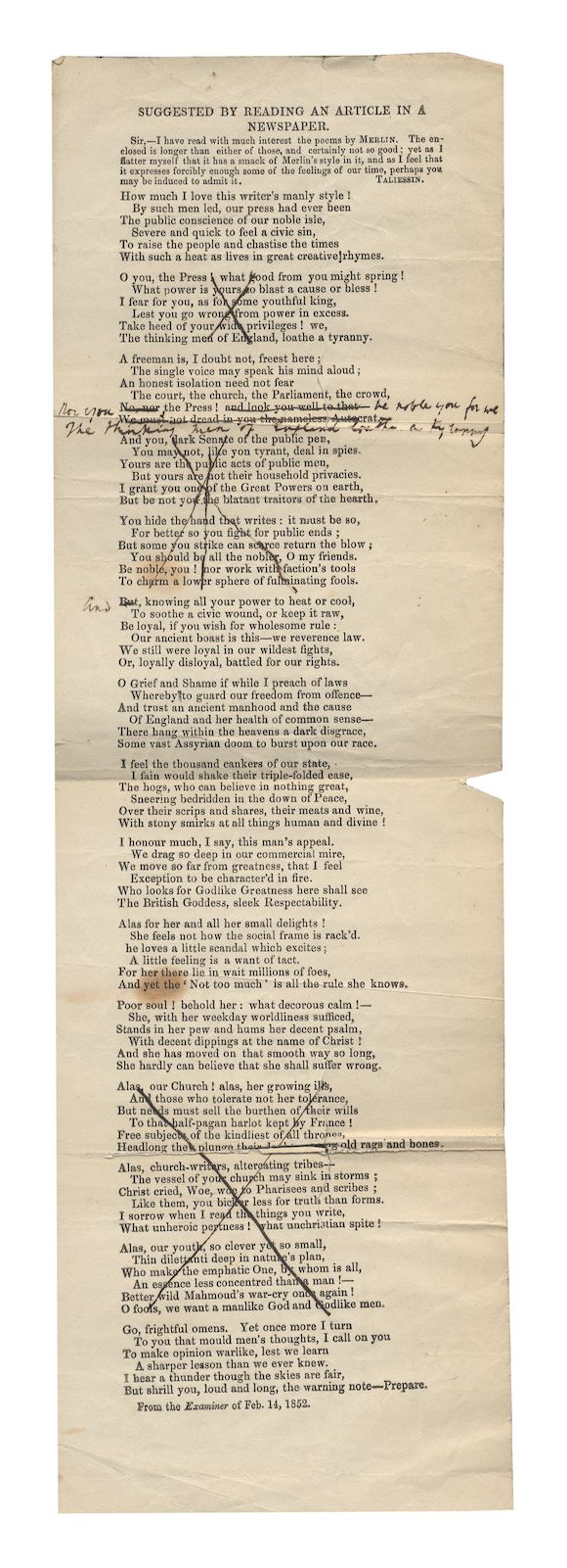 Bonhams : TENNYSON (ALFRED) Galley proof with autograph revisions and ...