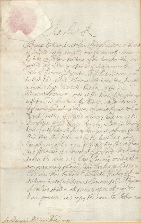 Bonhams : CHARLES II Warrant signed ("Charles R" at head), to the Earl ...