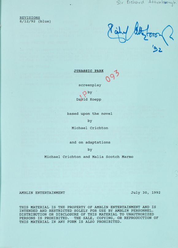 Bonhams : Jurassic Park: a complete shooting script, signed by Richard ...
