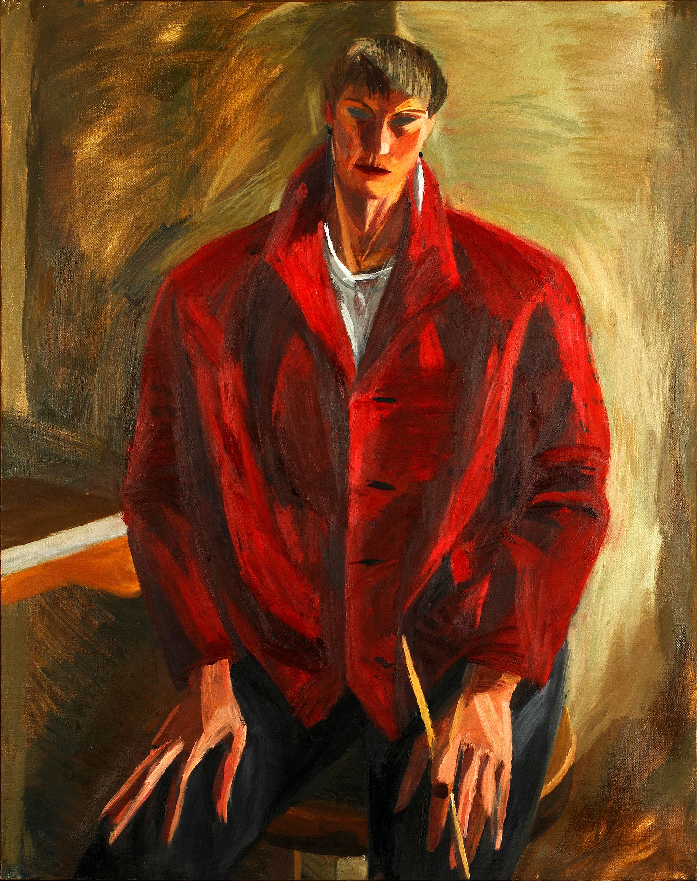 Bonhams : Mary Mabbutt (British, born 1951) Self portrait in Red Jacket