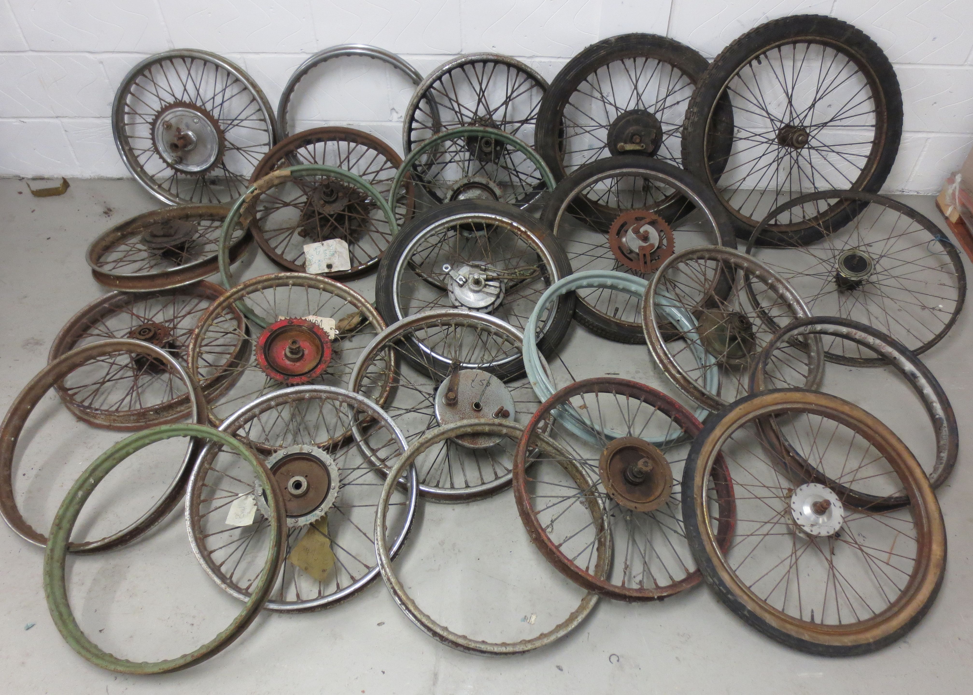 Bonhams Cars : Assorted motorcycle wheels and rims, ((Qty))