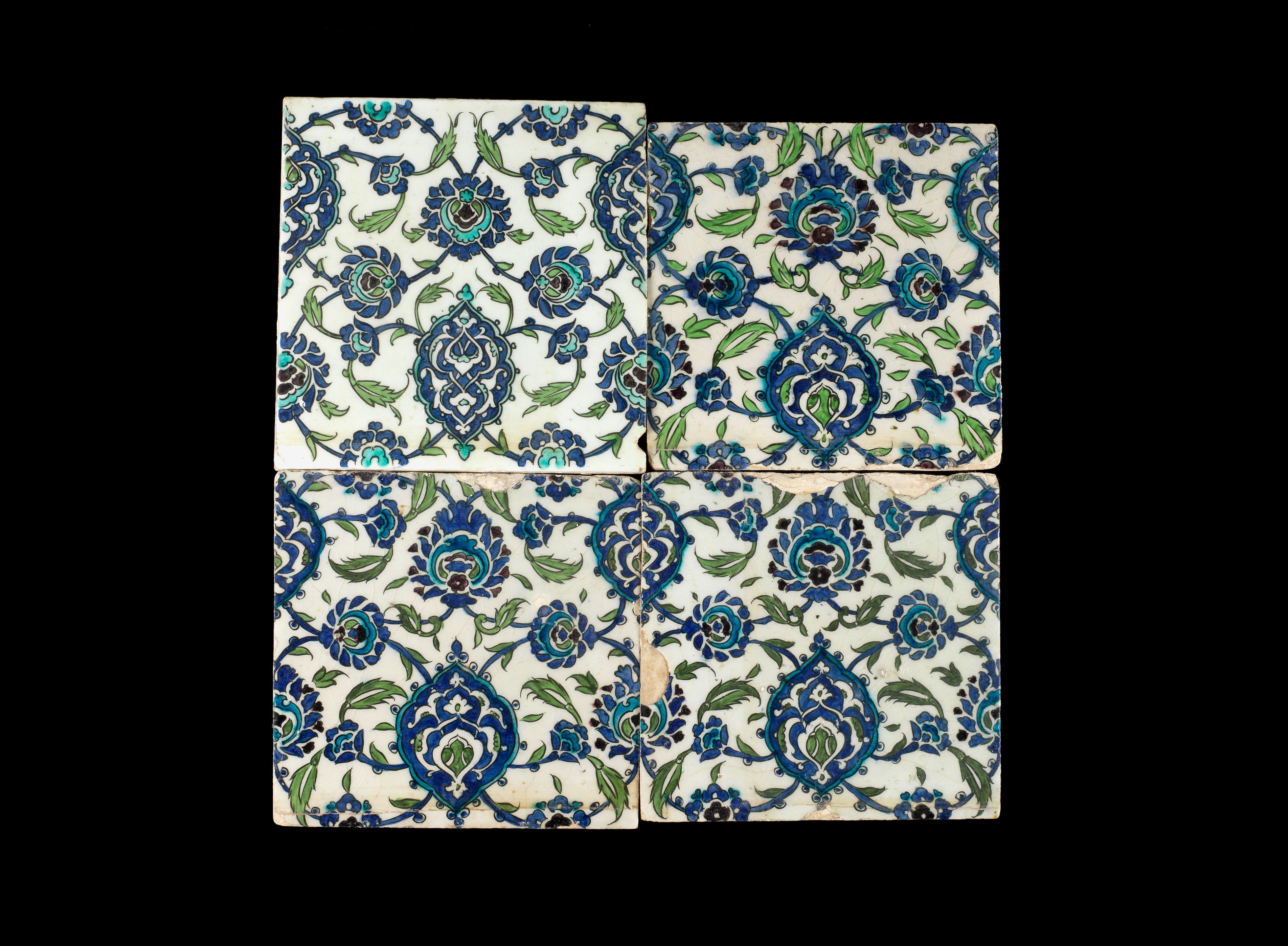 Bonhams : Four large Damascus underglaze painted pottery Tiles Syria ...