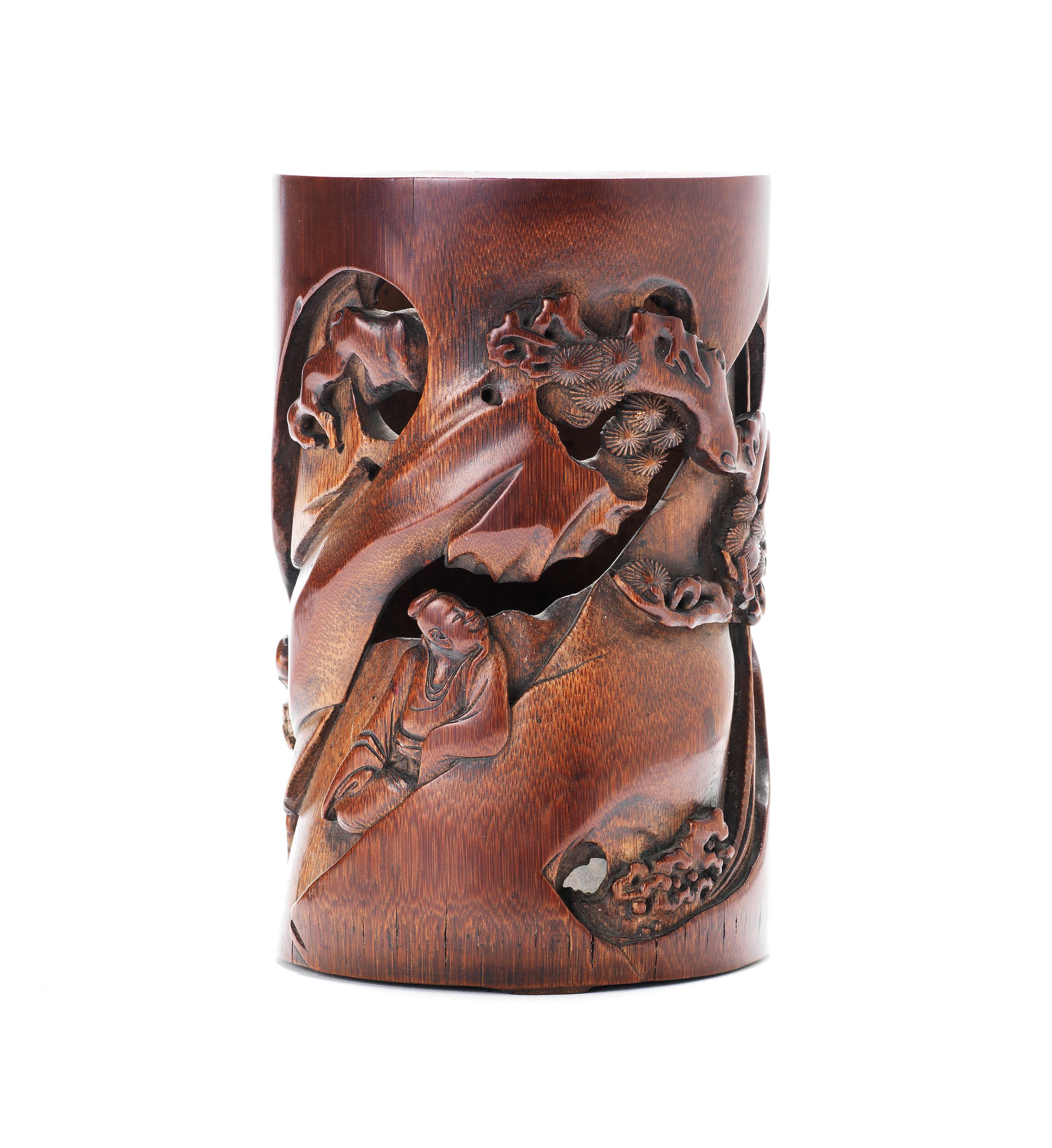 Bonhams : A fine reticulated bamboo brushpot, bitong Incised 'San Song ...