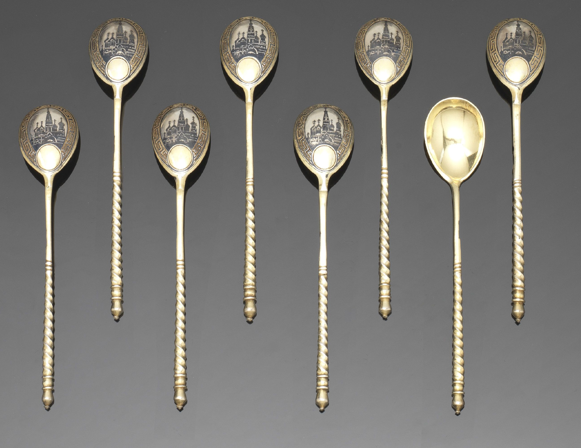 Bonhams : A set of twelve late 19th century Russian silver-gilt and ...