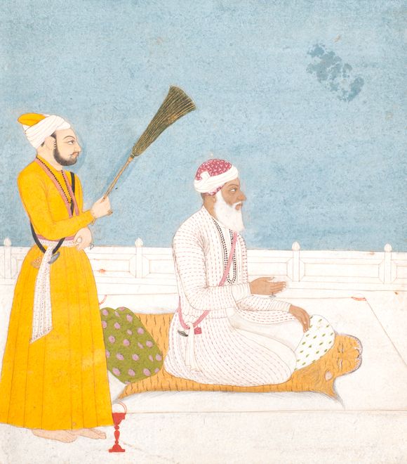 Bonhams : A prince on a terrace with an attendant holding a morchal ...