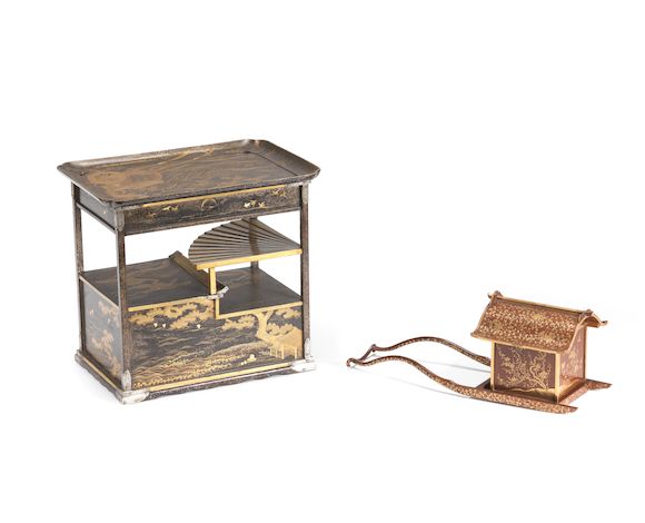 Bonhams : A black-lacquer miniature hanagamidai (cosmetic cabinet) and ...