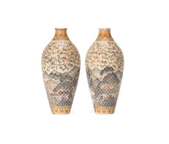 Bonhams : A pair of satsuma slender ovoid vases Meiji Period (2)