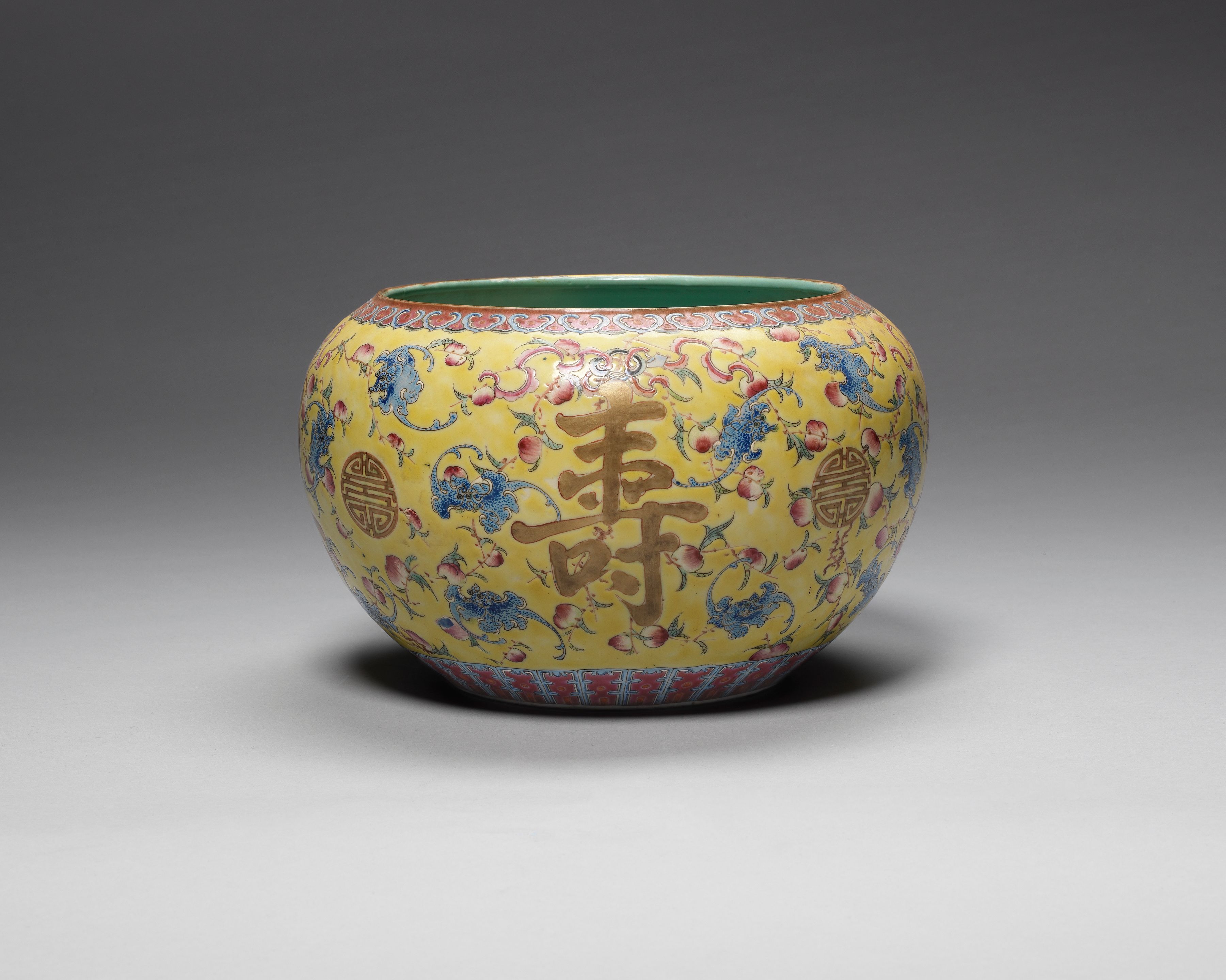 Bonhams : A famille rose yellow-ground 'Wan Shou Fu Jiang' alms bowl ...