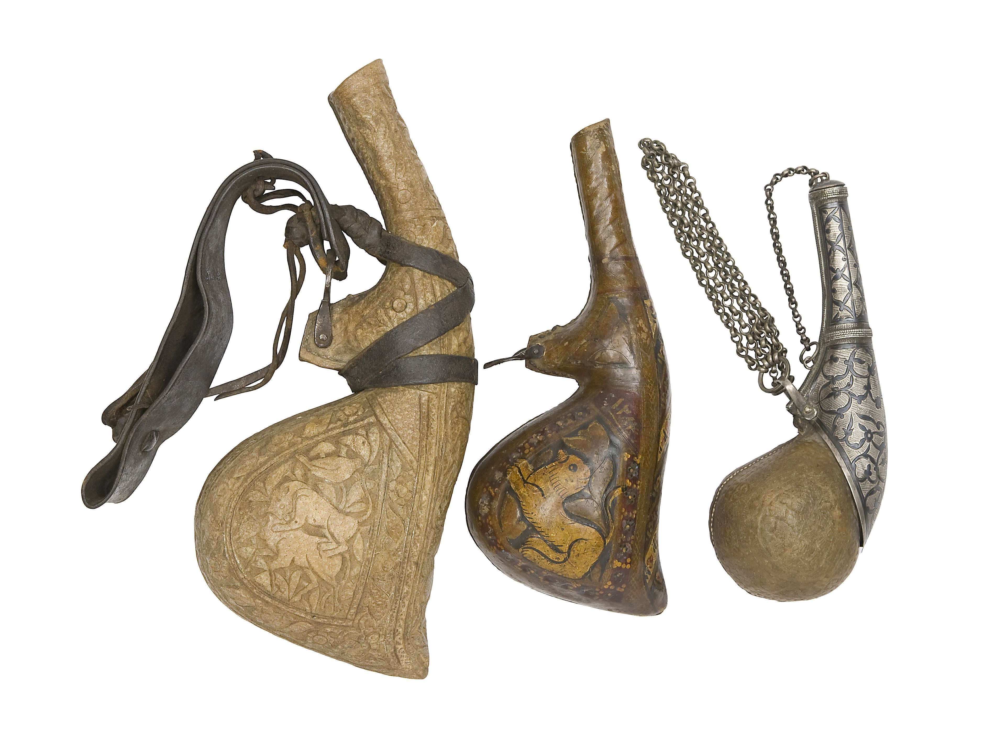 Bonhams : A Caucasian Powder-Flask, And Two Persian Powder-Flasks