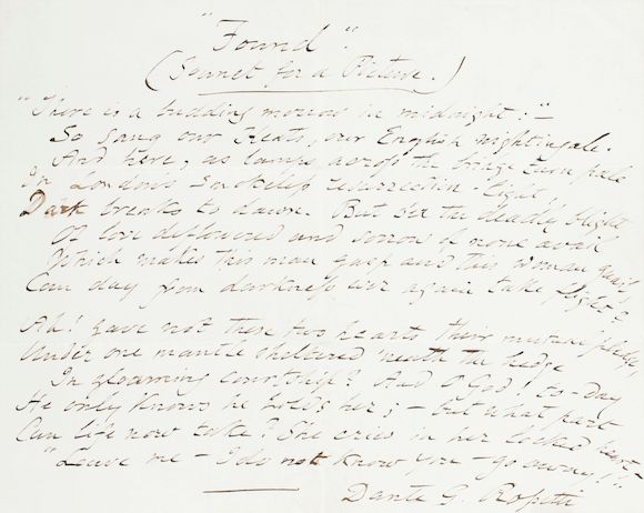 Bonhams : ROSSETTI (DANTE GABRIEL) Autograph sonnet signed ("Dante G ...