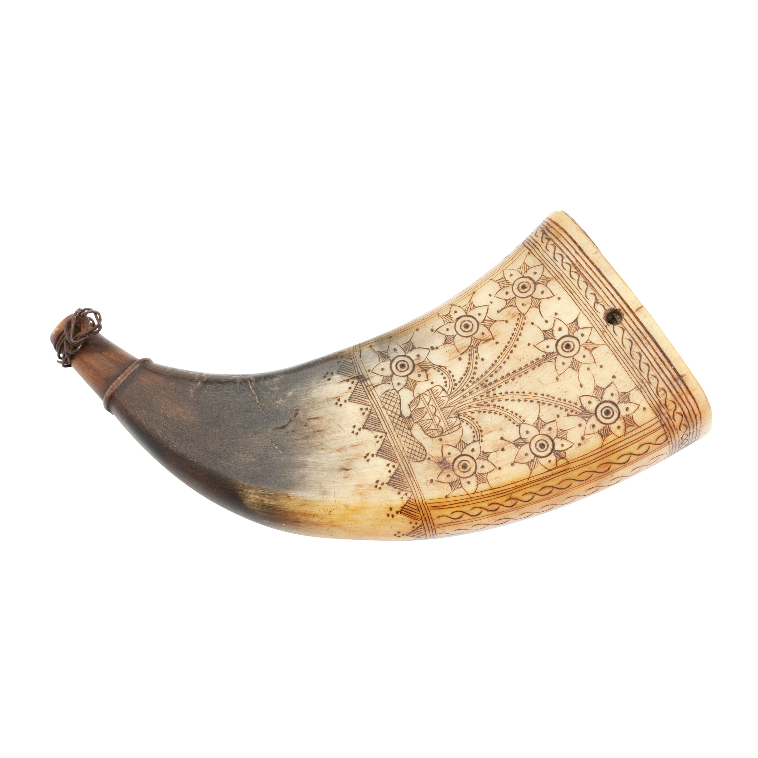 Bonhams : A Scottish George III flattened cow-horn powder horn