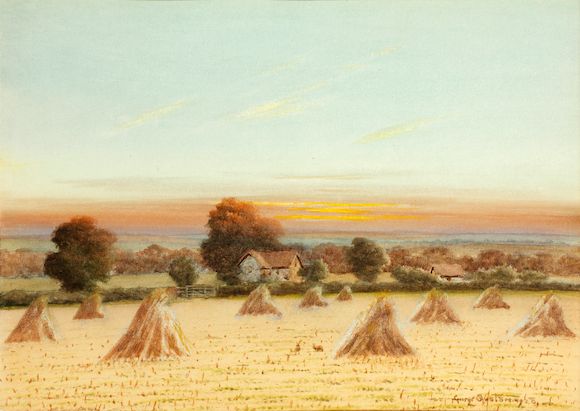 Bonhams : George Oyston (British, 1861-1937) Harvest landscape (and two ...