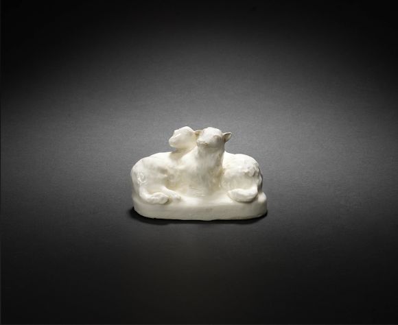 Bonhams : A Longton Hall white group of two lambs, circa 1750-52