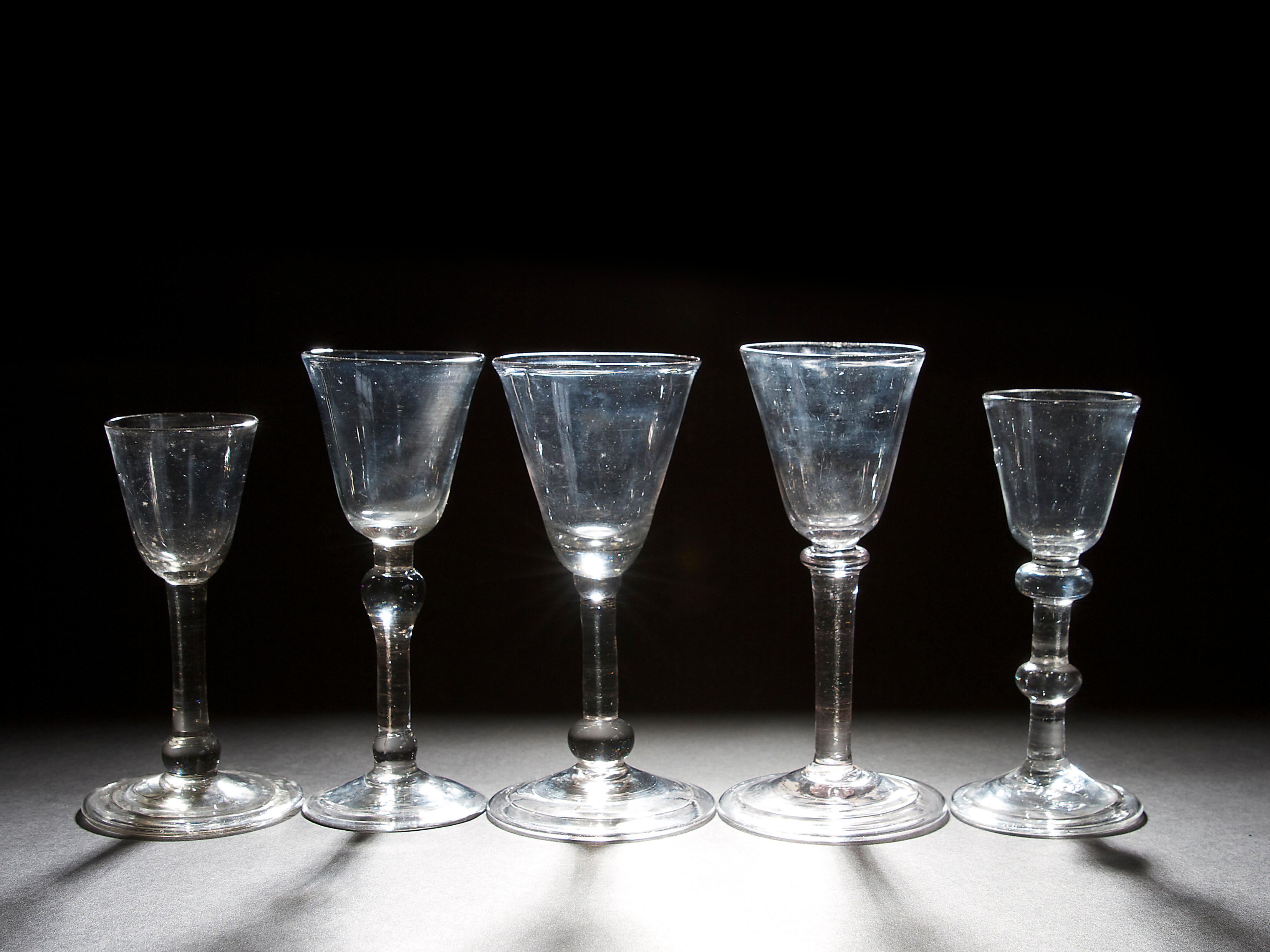 Bonhams Five Balustroid Wine Glasses Circa 1740