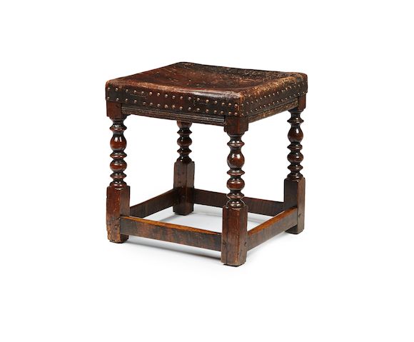 Bonhams : An oak and hide-upholstered joined stool, English In the mid ...