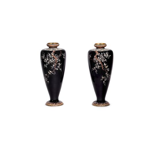 Bonhams : A pair of cloisonné-enamel slender ovoid vases Meiji Period (2)