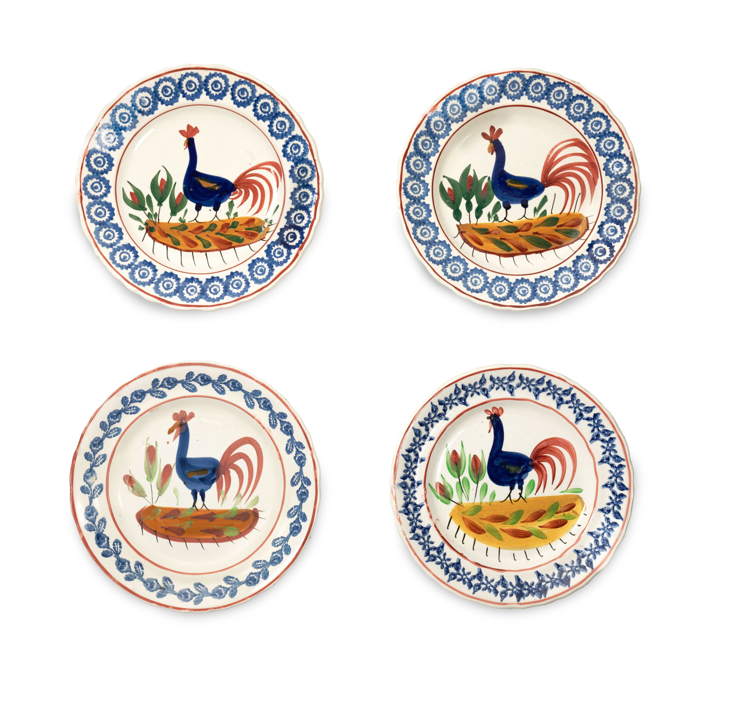 Bonhams : Four Llanelly pottery cockerel plates, early 20th century