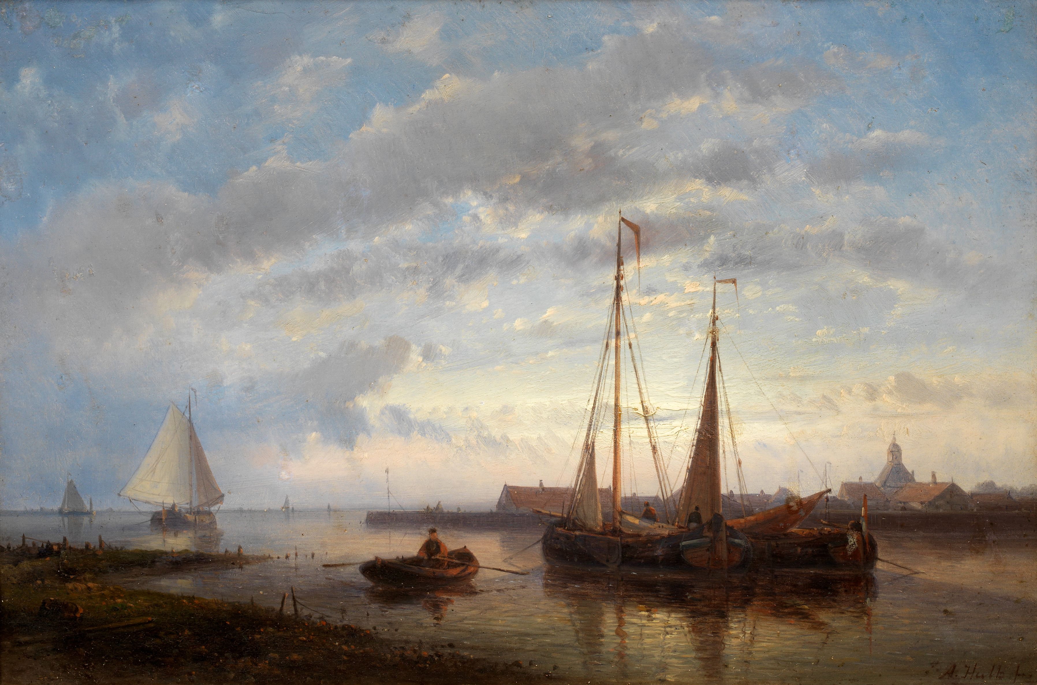 Bonhams : Abraham Hulk (Dutch, 1813-1897) Fishermen at sunset; Shipping ...