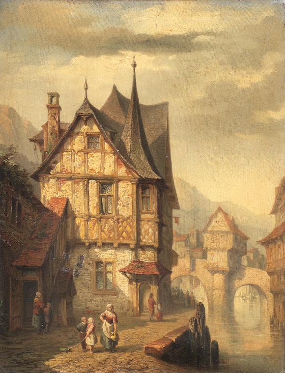 Bonhams Continental School 19th Century Timber Frame Cottage By A River