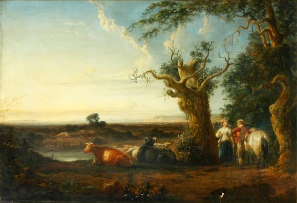 Bonhams : A. Anson Martin (British) Figures and cattle in a landscape
