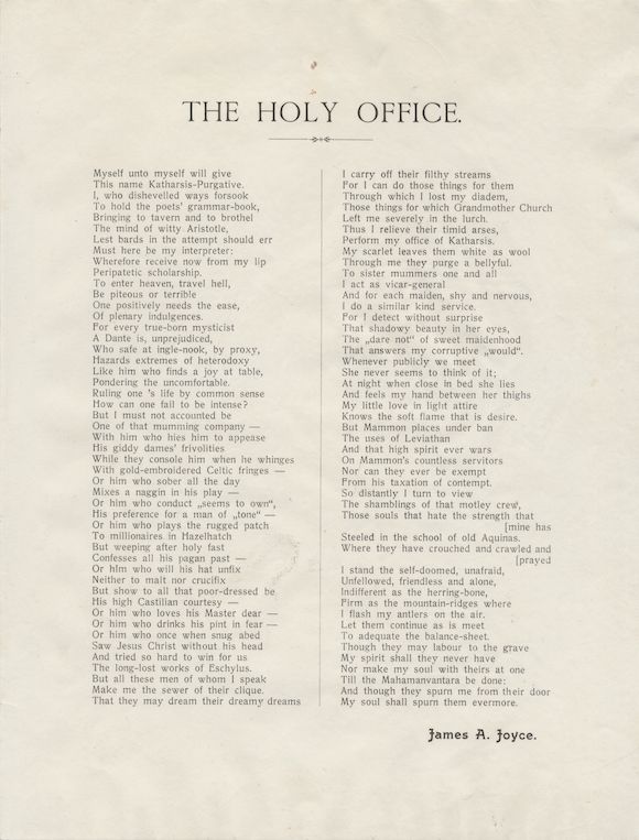 Bonhams : JOYCE (JAMES) The Holy Office, BROADSIDE POEM, Pola, 1904-1905