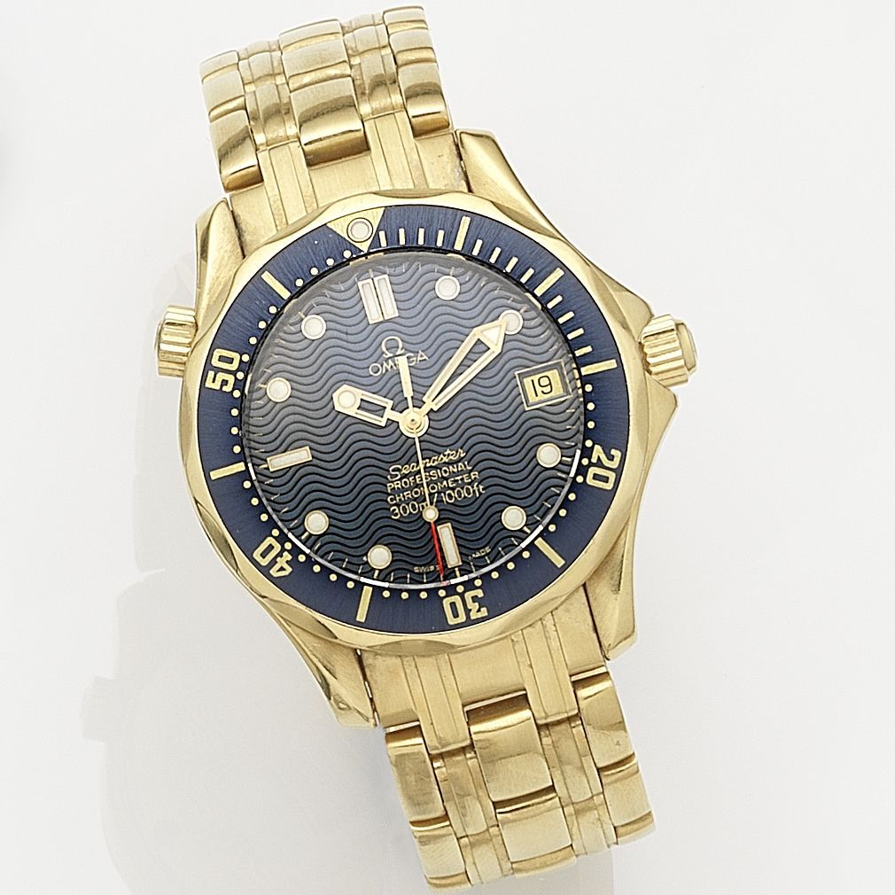 Bonhams : Omega. An 18ct gold automatic calendar bracelet watch Seamaster, Ref168 1502, Movement ...