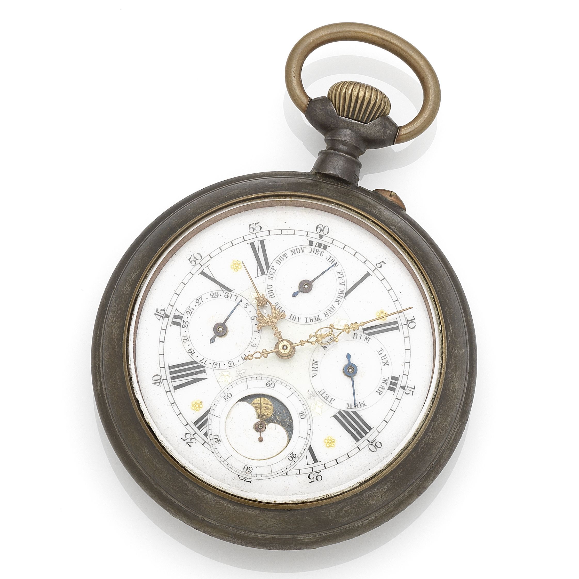 Bonhams : Swiss. A gun metal keyless wind open face calendar goliath ...