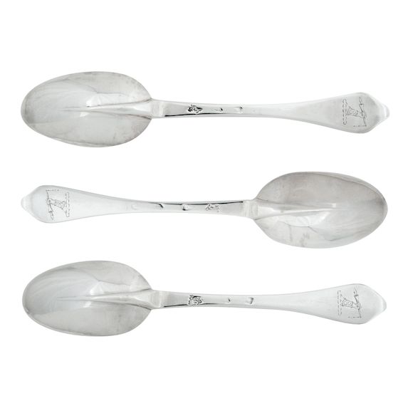 Bonhams : A set of three early 18th century silver dog nose spoons by ...