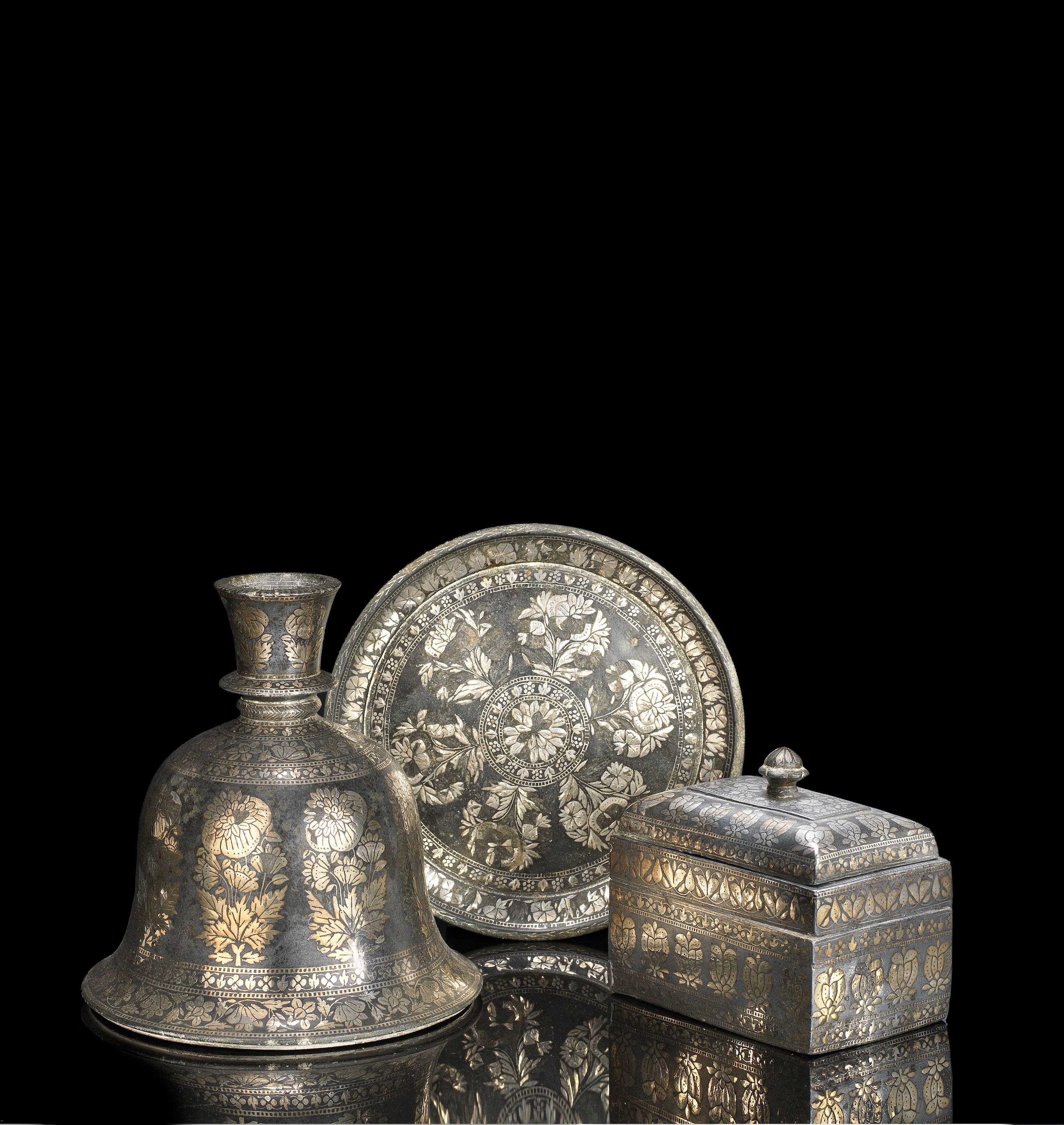 Bonhams : A Bidriware Huqqa Base, small Tray and Cosmetic Box with ...