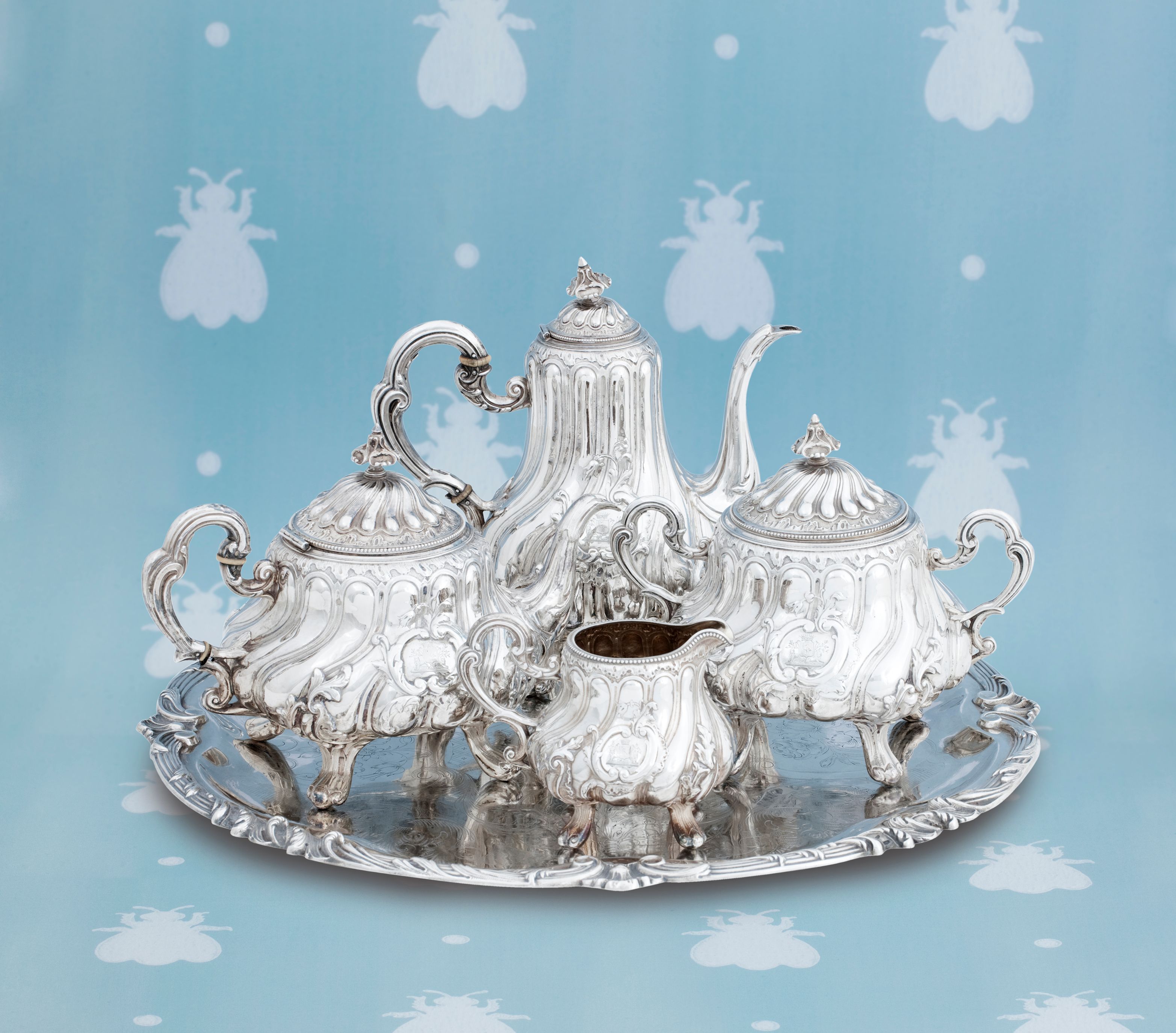 Bonhams : A cased five piece French silver tea service and salver maker ...