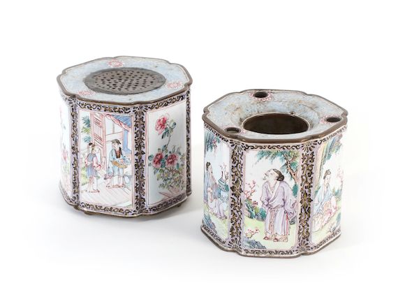 Bonhams : A Canton enamel pen holder and pounce pot, 18th century