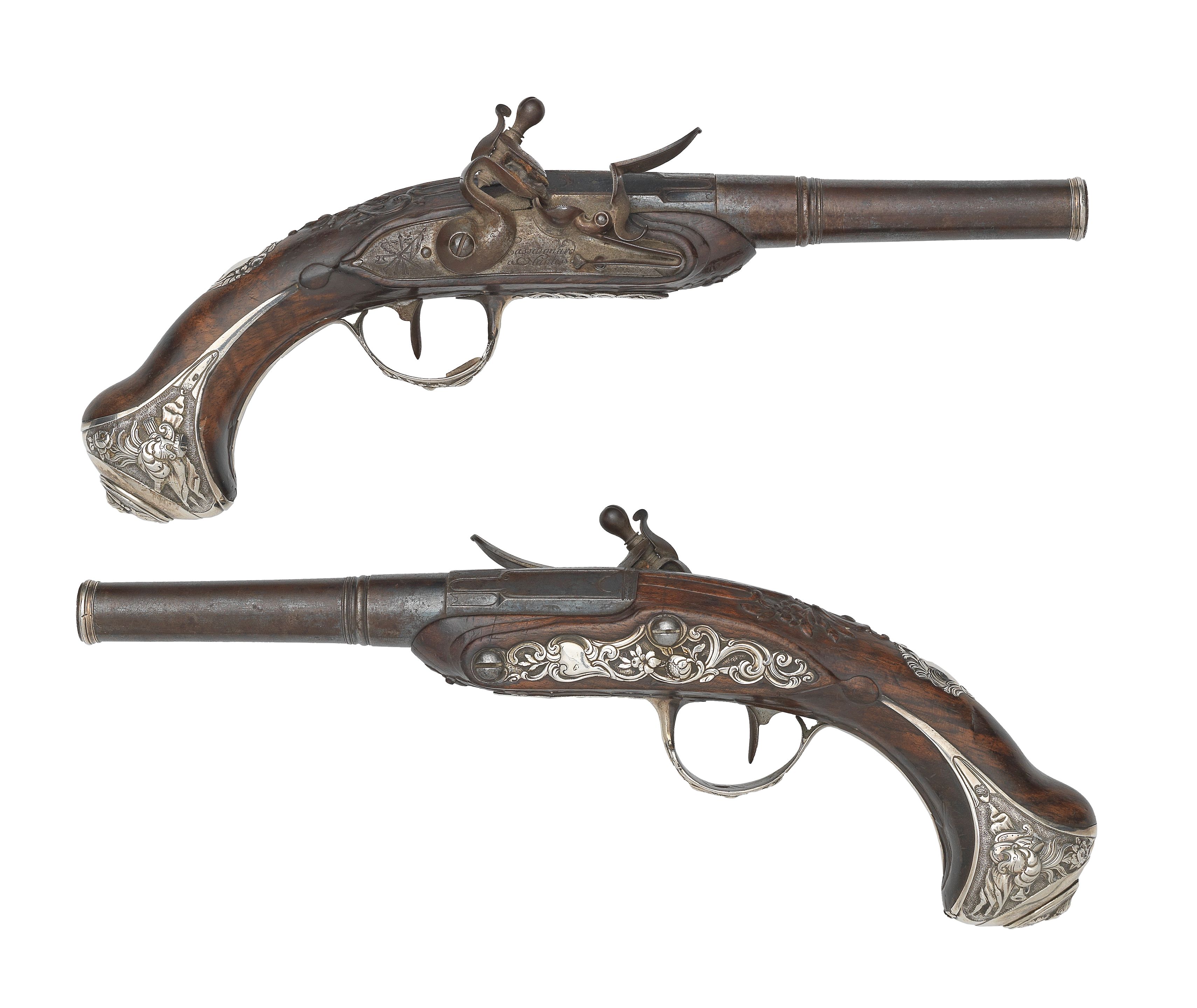 Bonhams : A Fine Pair Of French 40-Bore Rifled Silver-Mounted Flintlock ...