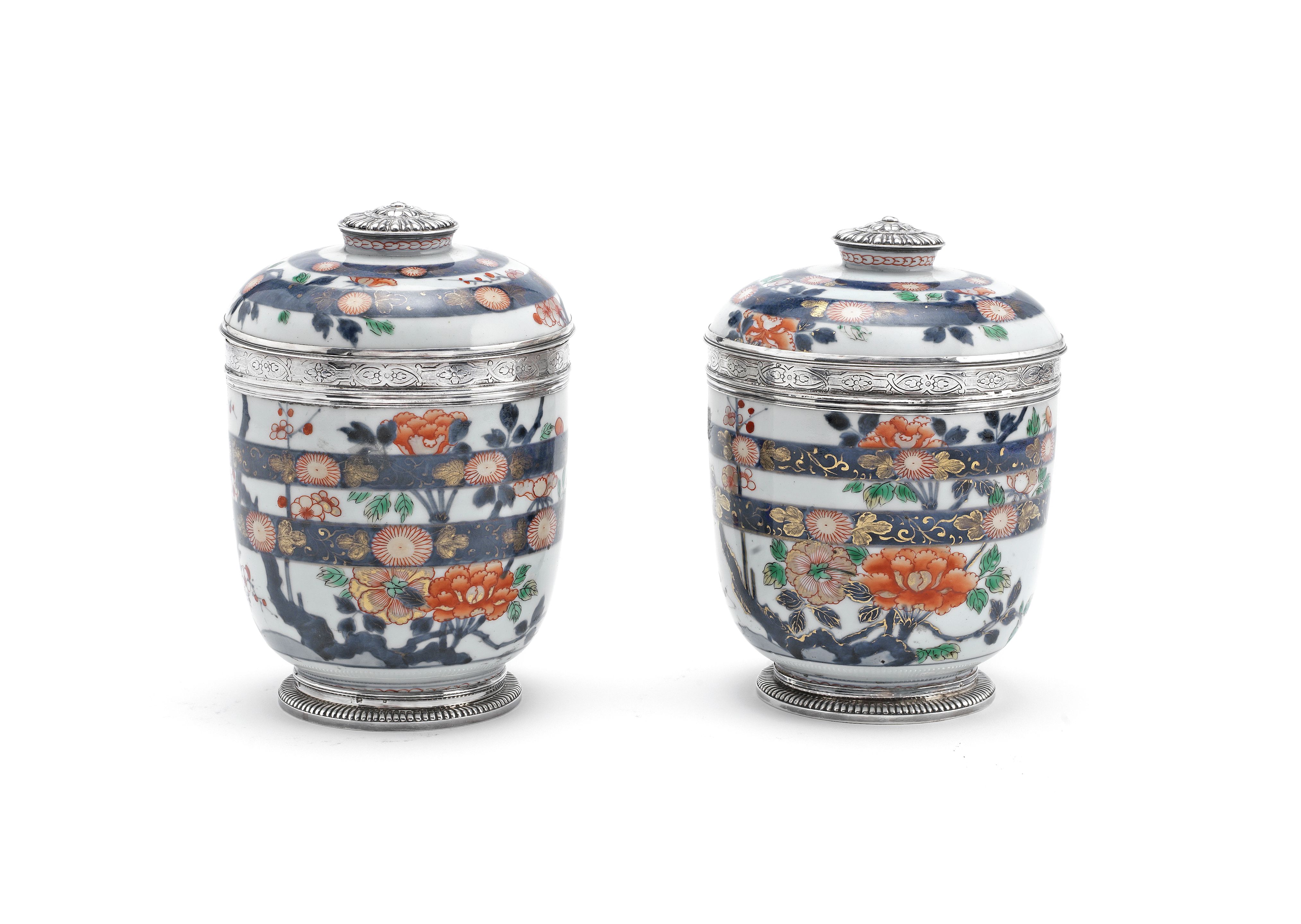 Bonhams : A pair of silver-mounted Japanese Imari cylindrical jars and ...